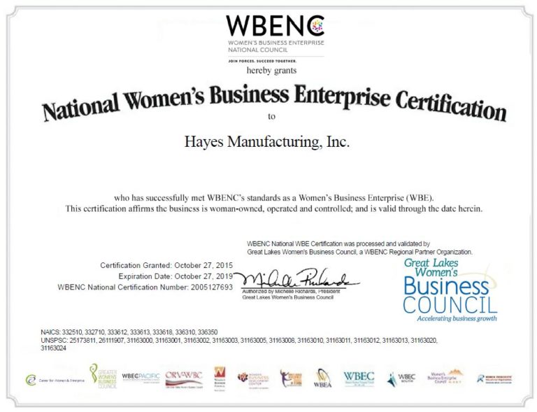 WBENC Certification | Hayes Manufacturing, Inc.
